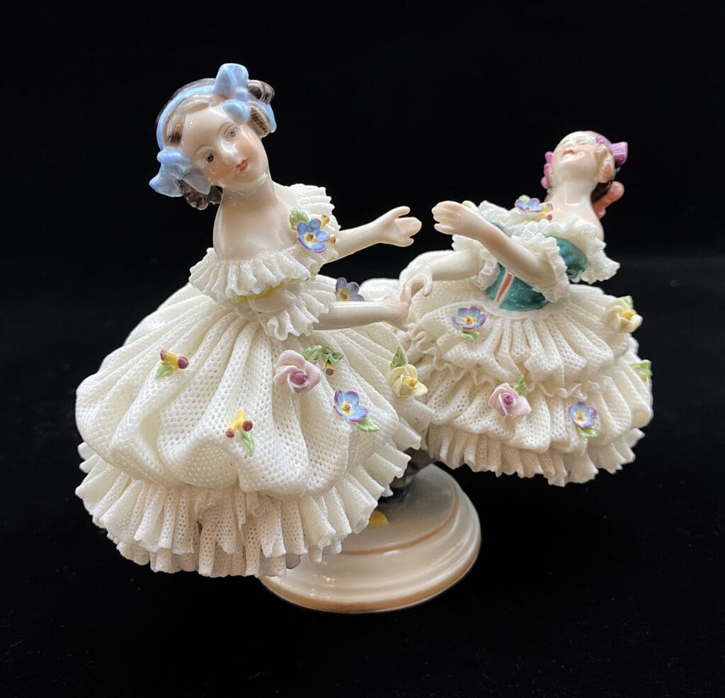 Dresden Germany Porcelain Lace Figurine, Dancing Twins - Ancestral Antiques